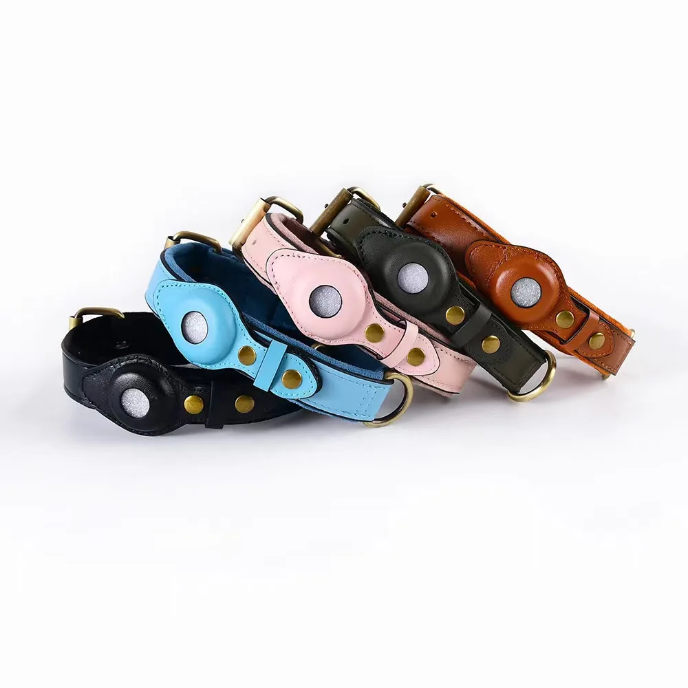 Custom Logo Fashionable Cool Leather Airtag Pet Collar for Dogs