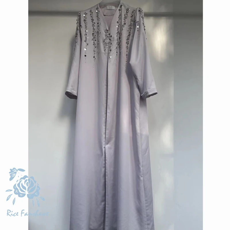 Luxury Muslim Women Black Kaftan Islamic Maxi Dress Long Sleeve Open Arab Beading Abaya Custom ...