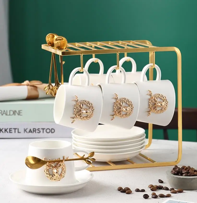 European Coffee Cup Set Matte Porcelain Mug With Gold Reindeer ...