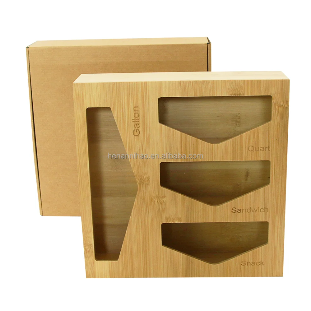 Bamboo Wood Ziplock Bag Drawer Organizer Storage Box Baggie Holder For ...