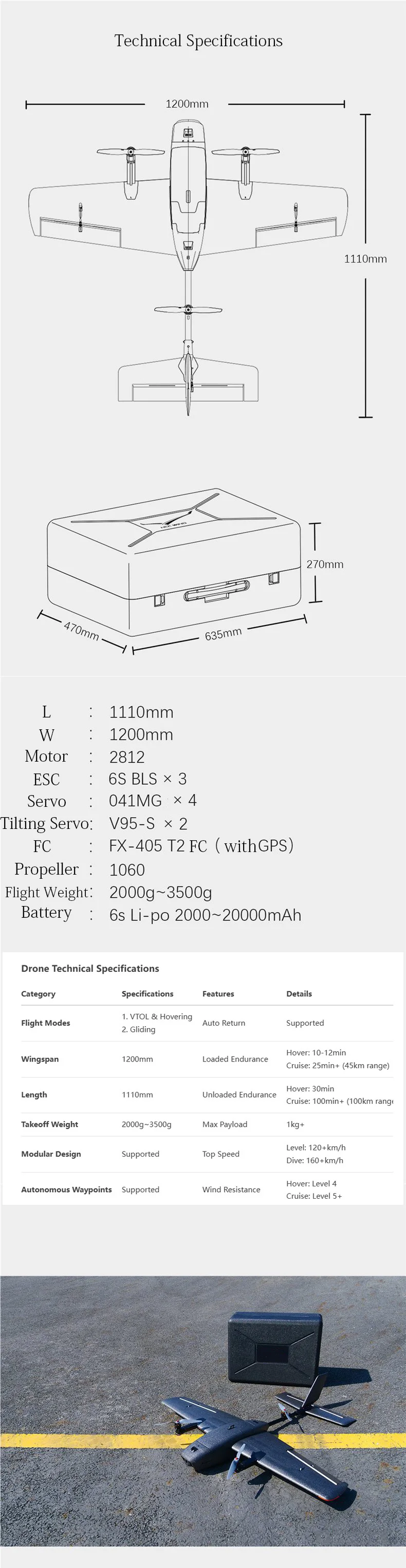 T-2 Beginner FPV Drone VTOL PNP Fixed-Wing Y3 Configuration