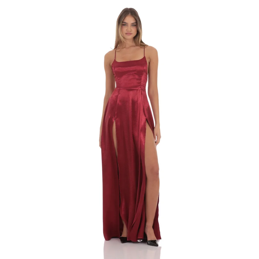 Sexy Backless Lady Elegant Party Evening Deep Red Satin Double Slit ...