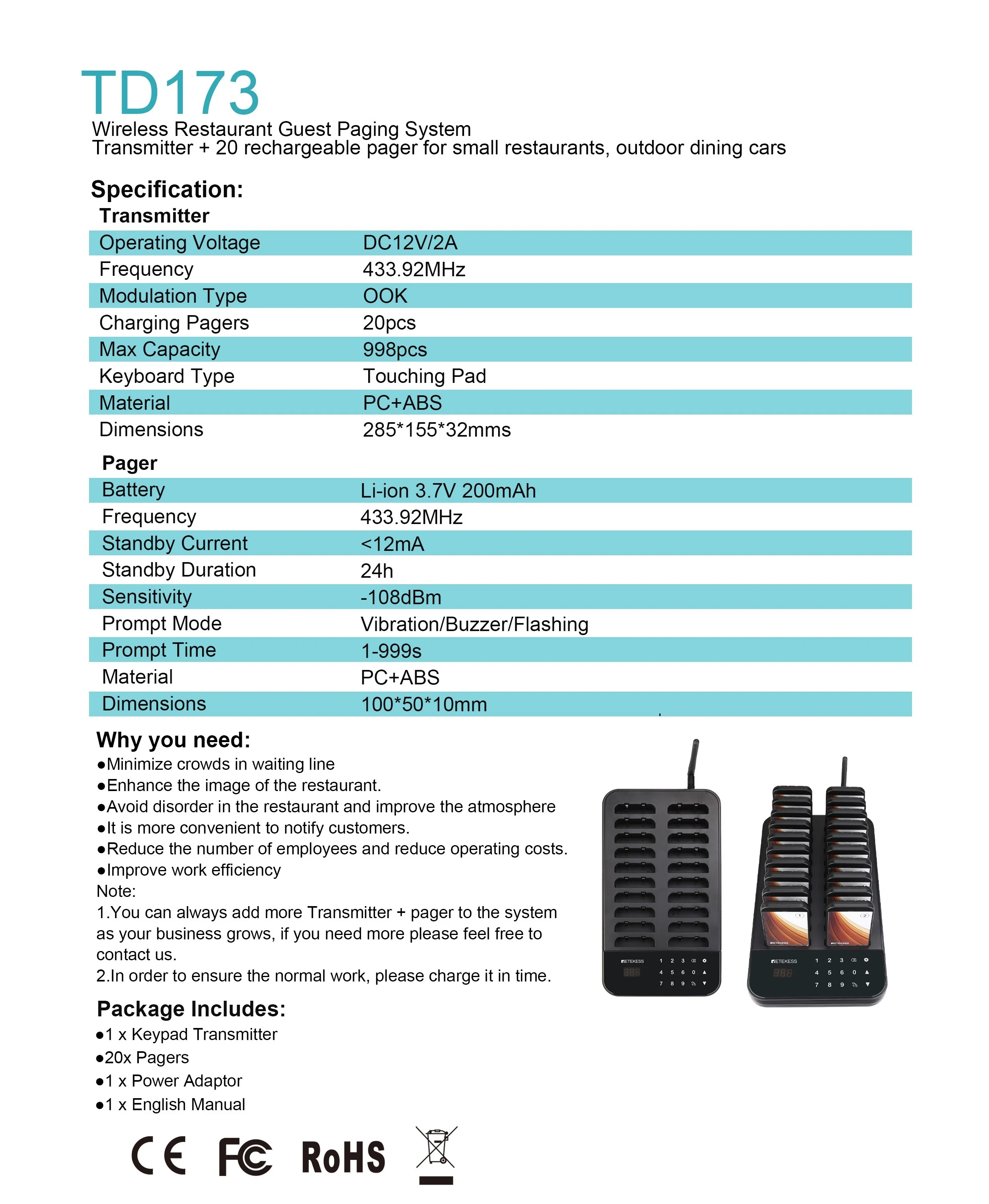 Factory Direct Outlet Wireless Restaurant Guest Pager System 20 ...