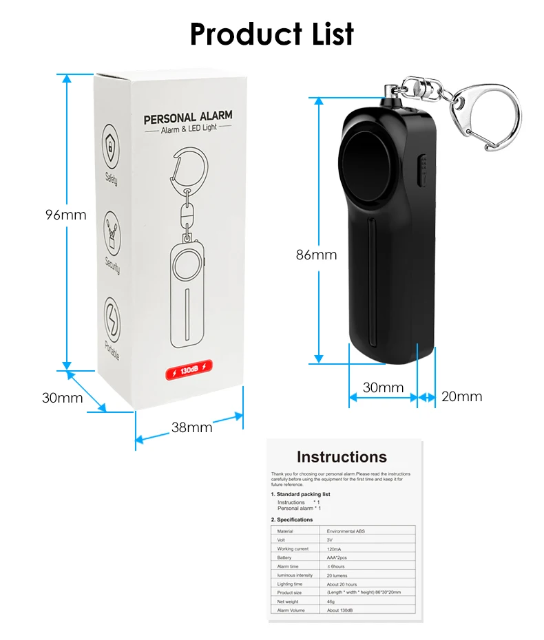 130db Emergency Self Defense Alarm Keychain Safety Defence Key Chain ...