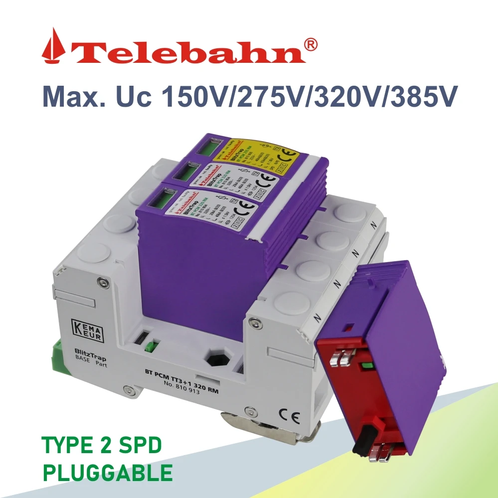 Telebahn 150V 275V 320V 385V AC T2 3P+N TT3+1 SPD 20kA 40kA KEMA-KEUR Power Low Voltage Three ...