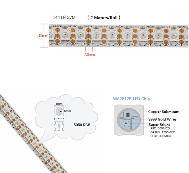 WS2812B LED Strip Light 5V SMD5050 144 LEDs/M Flexible 30 Pixel 2812B ...