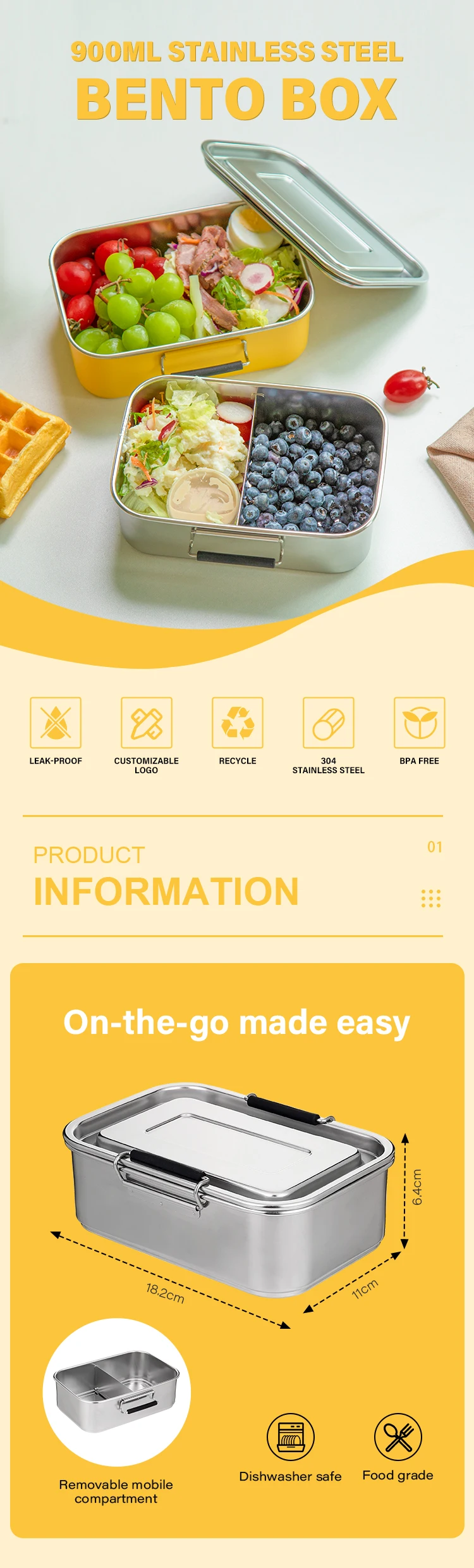 Custom Logo 2-compartment Durable Stainless Steel Lunch Box Leakproof ...