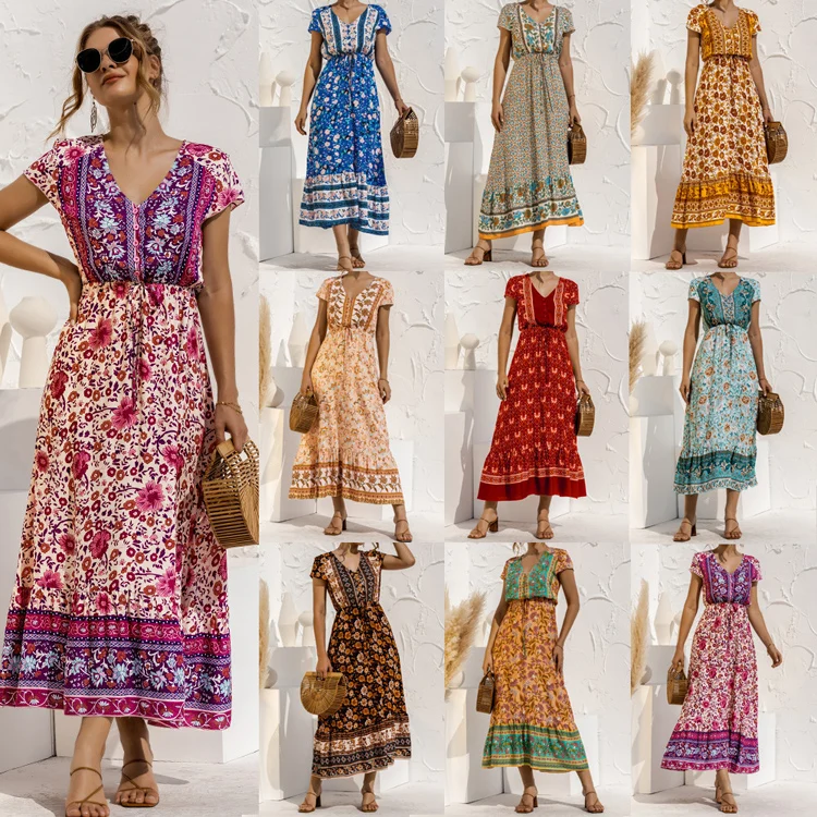 Summer Hawaiian Sun Dress Boho Flowy Bandage Floral Print V Neck Short