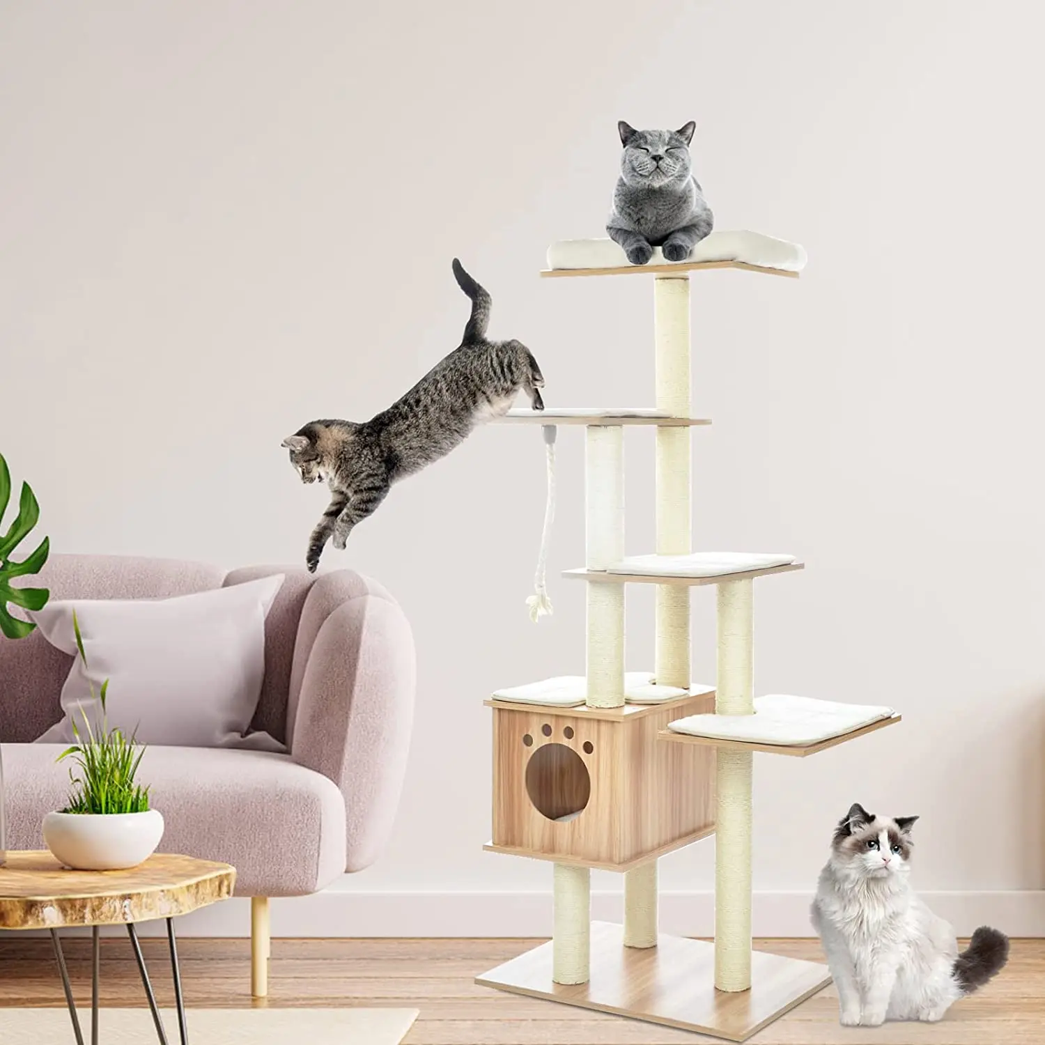 2024 Modern Wooden Cat Tree Tower - Multi-Layer Platform