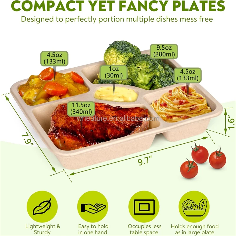5 Compartment Microwavable Takeaway Meal Sugarcane Packaging Bagasse ...
