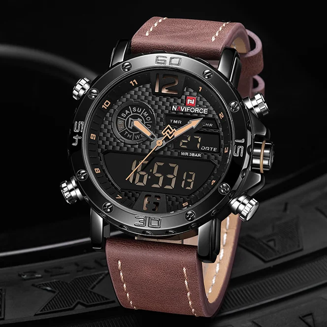 Naviforce 9134 Custom Dual Display Wrist Watch Analogue Leather ...