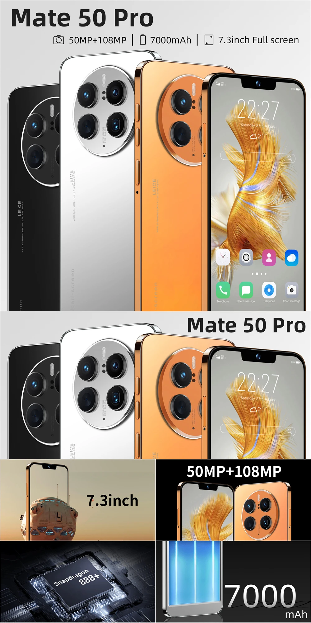 Original Mate50pro Mobile Phone 7.3 Inch Full Screen Global Unlock 5g Big Screen Smartphone ...