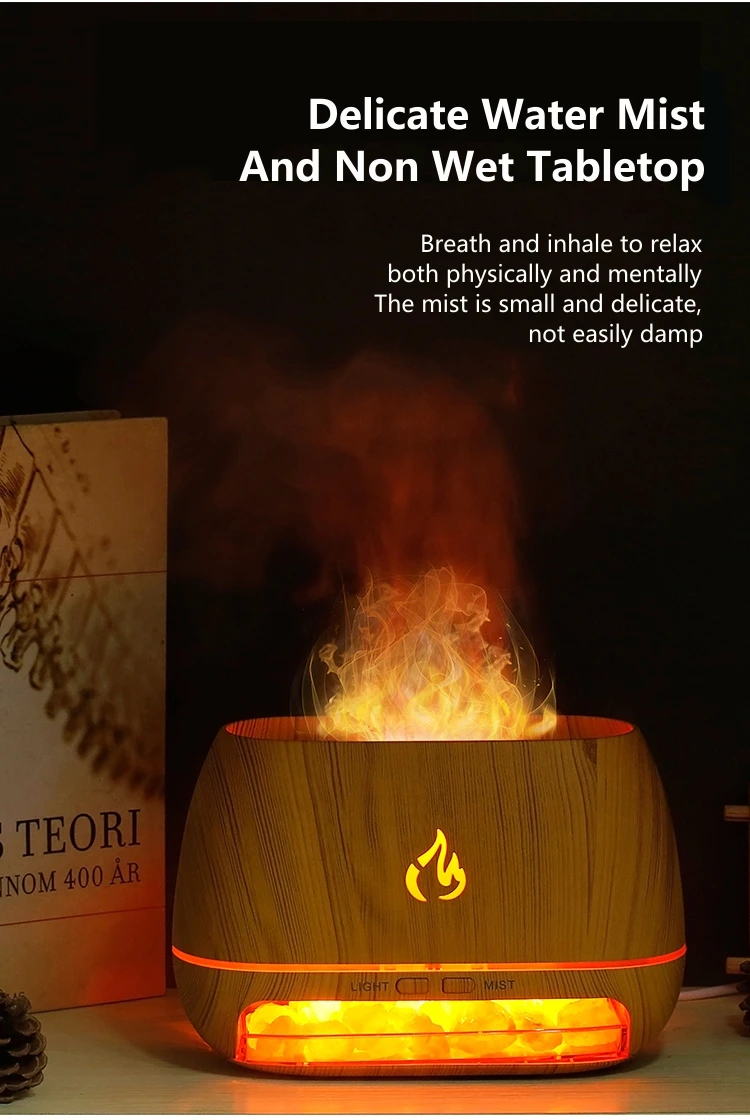 Oem 240ml crystal salt humidifier and flame aroma diffuser