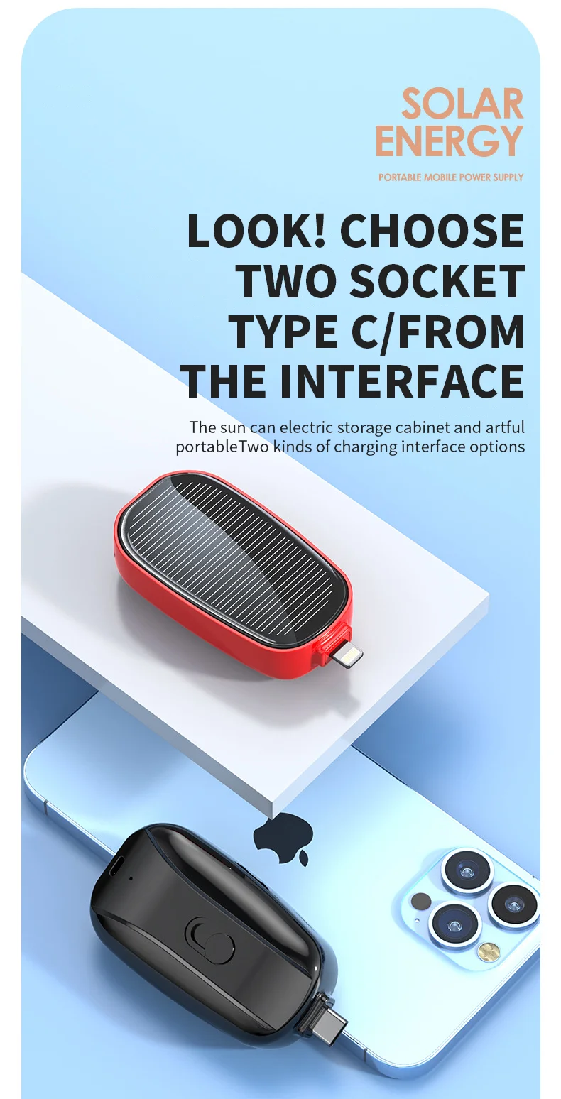 1200mah Solar Keychain Solar Charger Mobile Power Bank Type-c Plug Ios ...