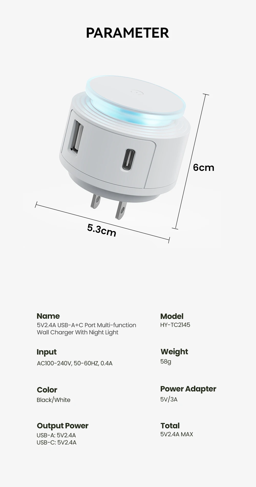 Custom Wall Charger & Adapter Rgb Night Light 5v/2.4 A+c Port Charger ...