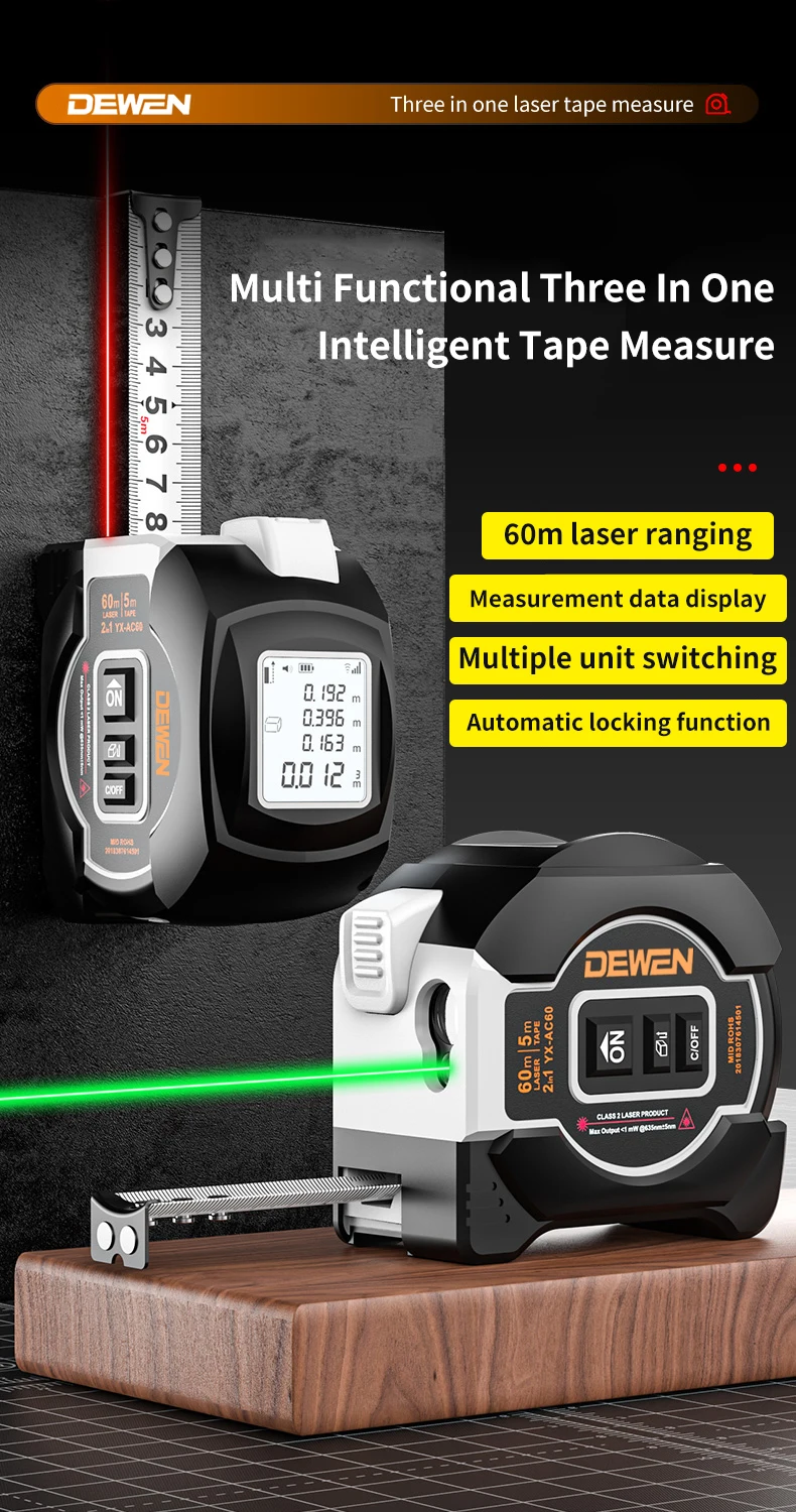 DEWEN Industrial Grade High Precision 3-in-1 60M Infrared Laser Tape ...