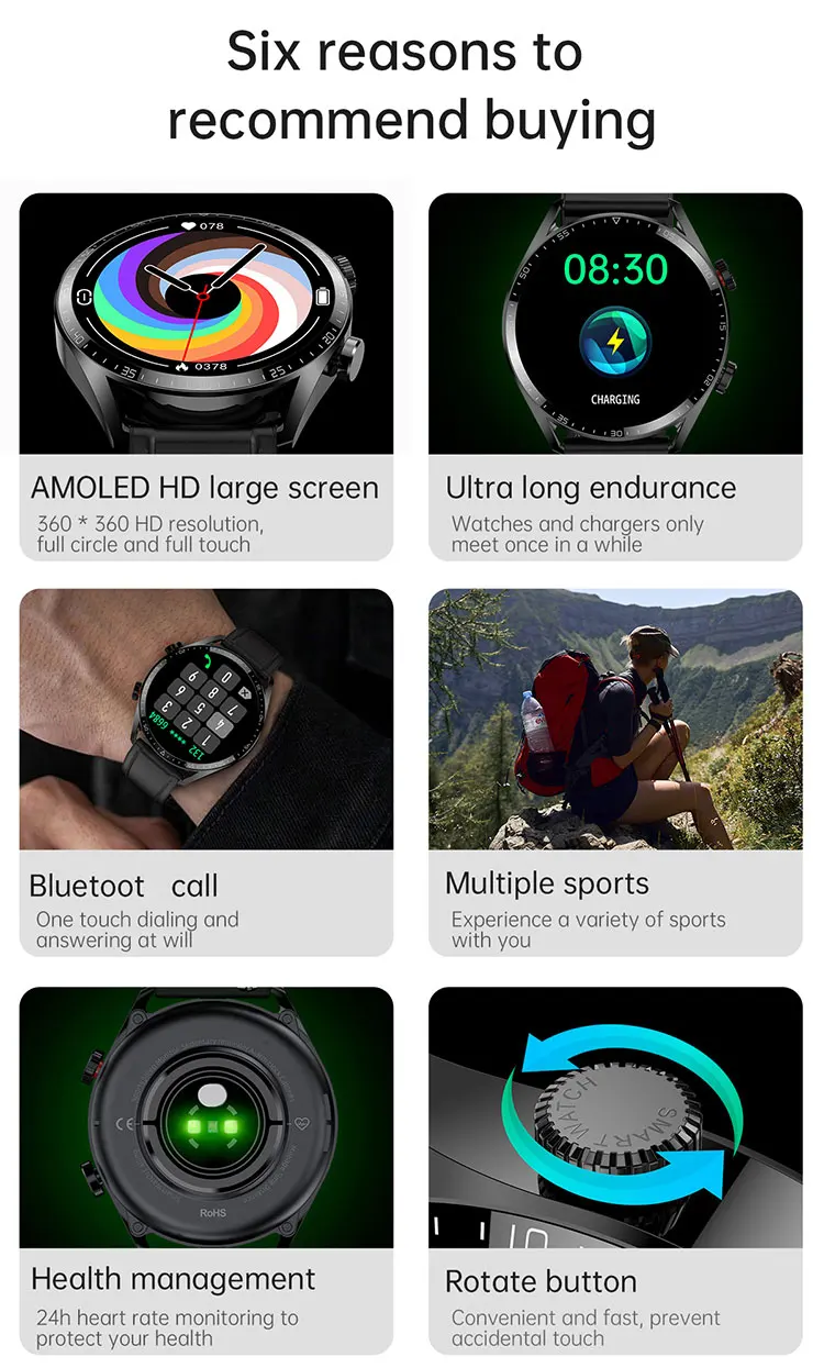 Smartwatch Amoled Smart Wrist Watch Call Storage Touch Lcd Color Screen ...