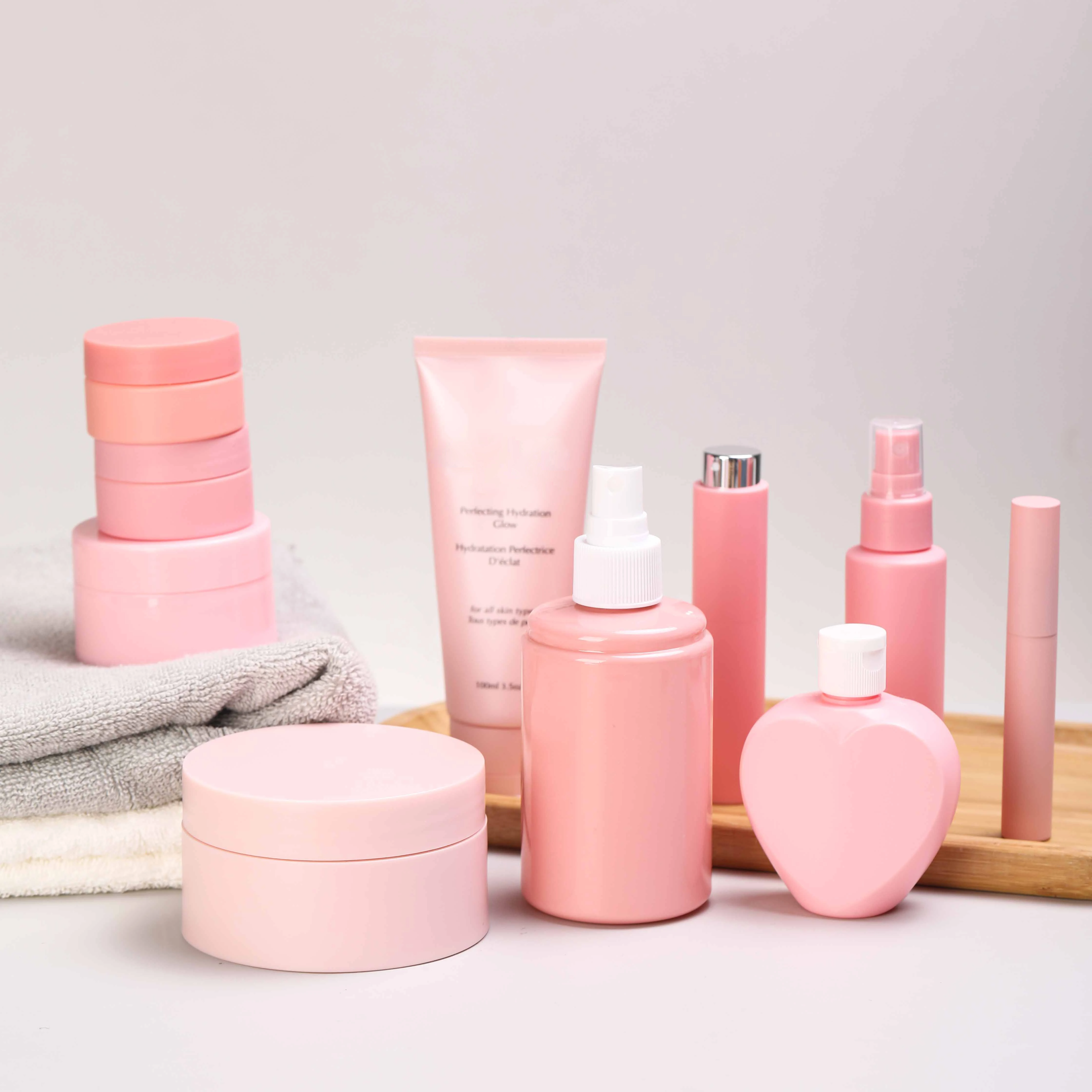 Empty Cosmetic Pink Plastic Skin Care Set Packaging Bottle