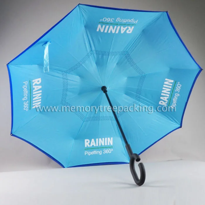 Custom Double Layer Inverted Car Umbrella with Logo & C Handle