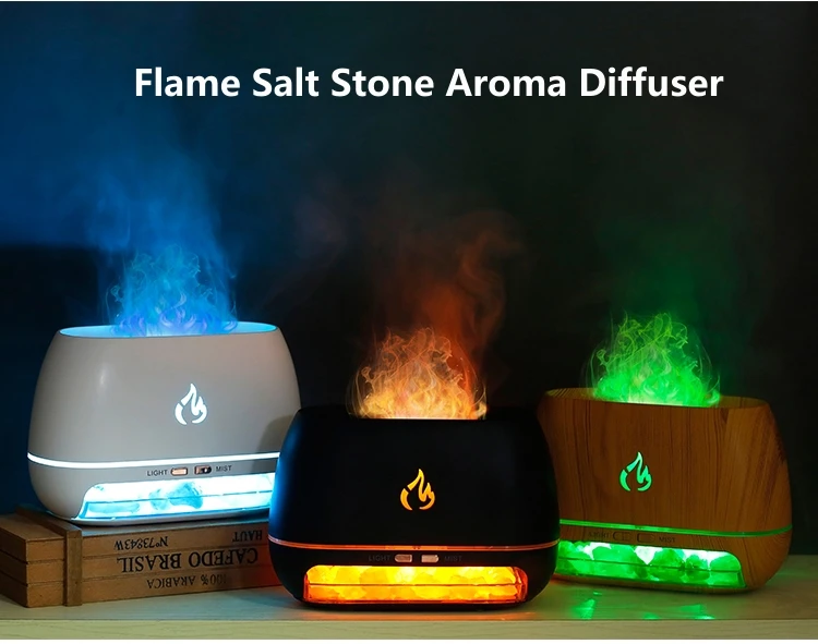 Wood Grain Himalayan Crystal Salt Stone Aroma Humidifiers 3D Flame Fire Aromatherapy Essential ...