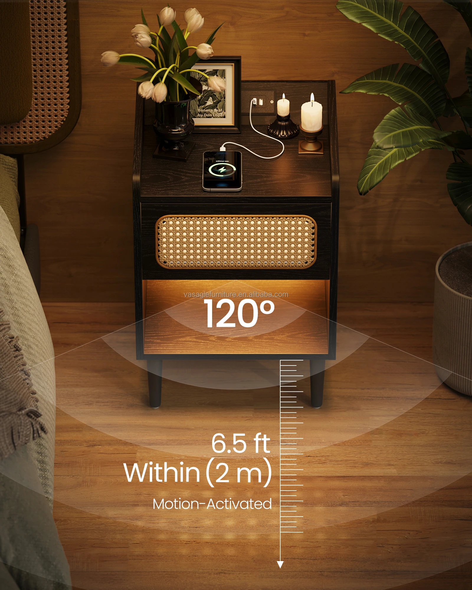 VASAGLE Modern Black Side Table - LED Bedside Light Rattan