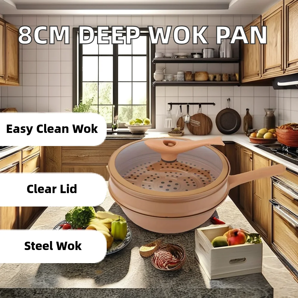 Premium Nonstick 8cm Stainless Steel Deep Wok Pan Chinese Style Ceramic ...