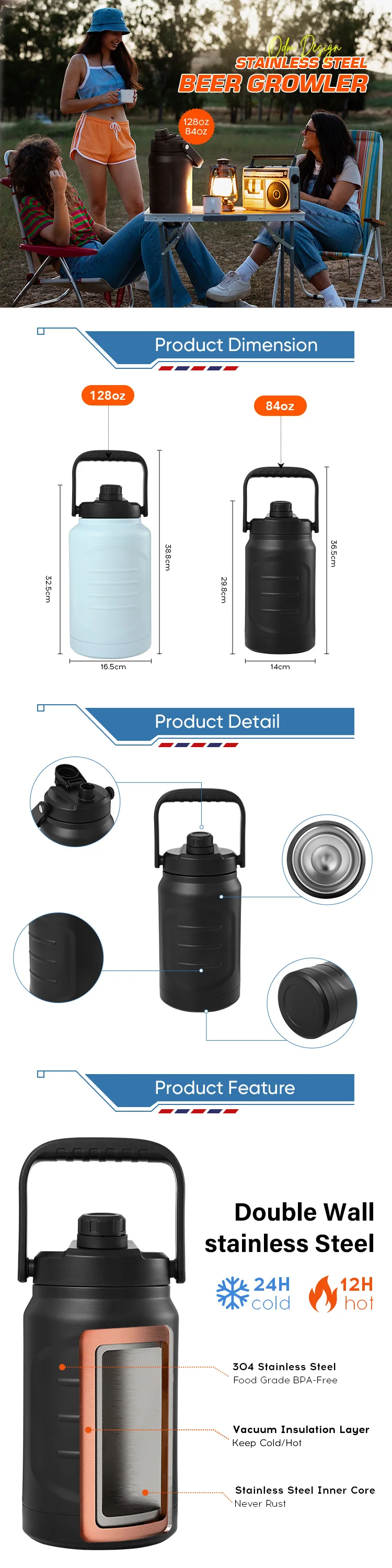 Leak Proof Hot Cold Insulated Stainless Steel Beer Growler With Handle ...