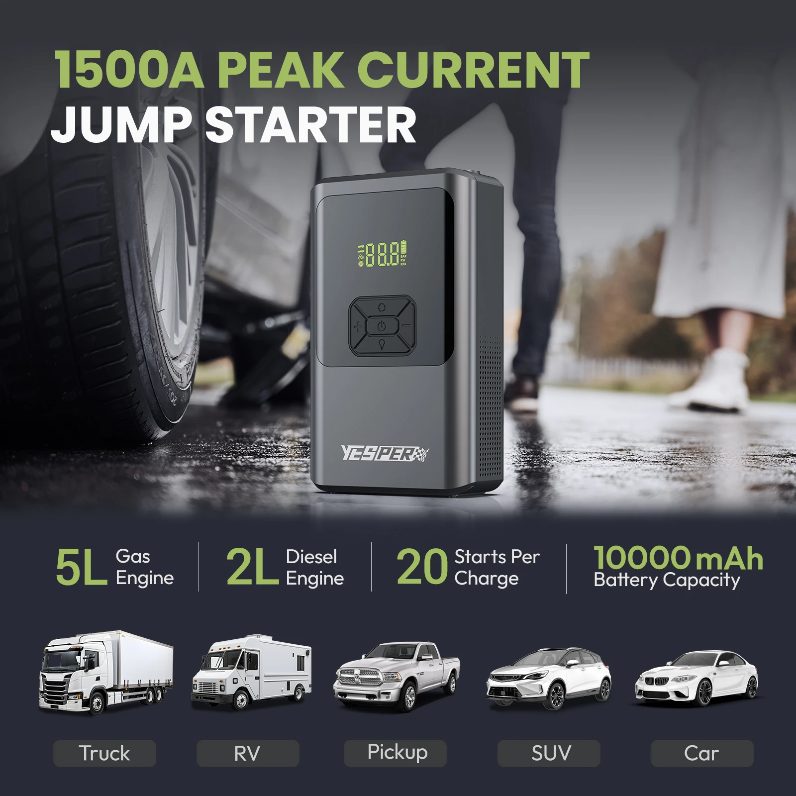 Yesper 383 Portable Jump Starter - 10000mah with Air Compressor