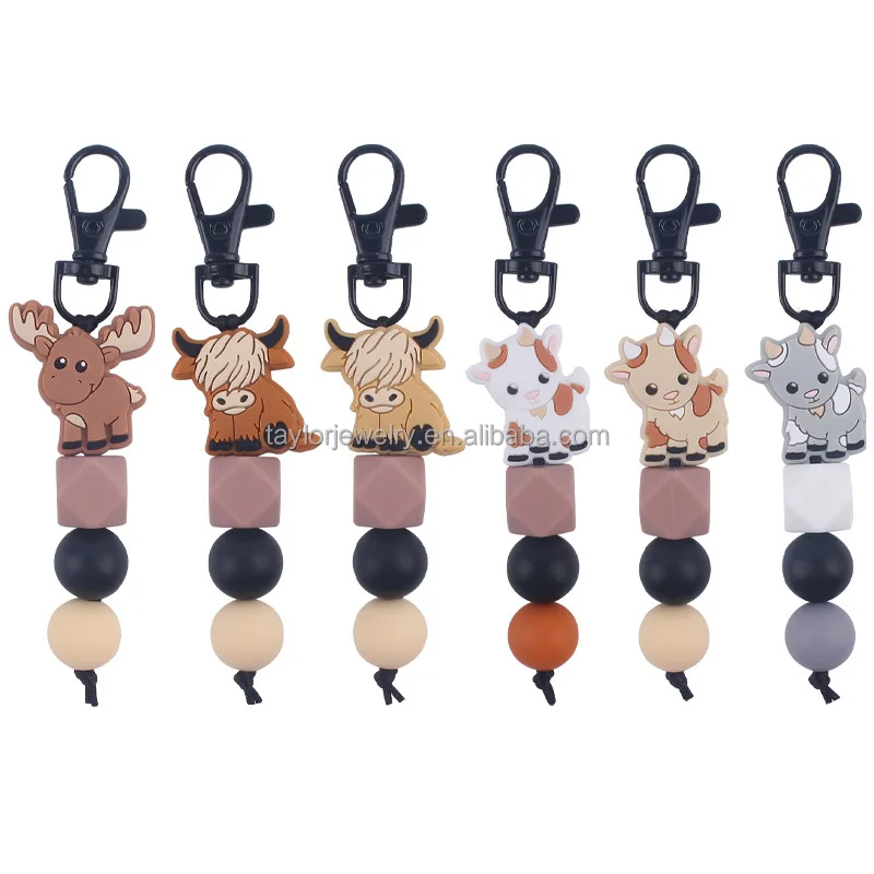 6 Colors Cartoon Highland Cow Rubber Bead Keychains Diy Creative Animal ...