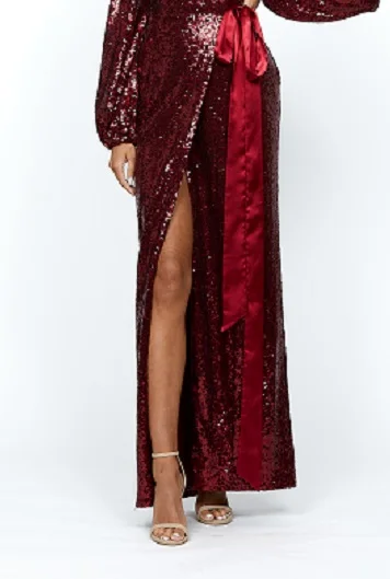 Luxe Sequin Wrapped Neckline Voluminous Long Sleeves Evening Dress With ...