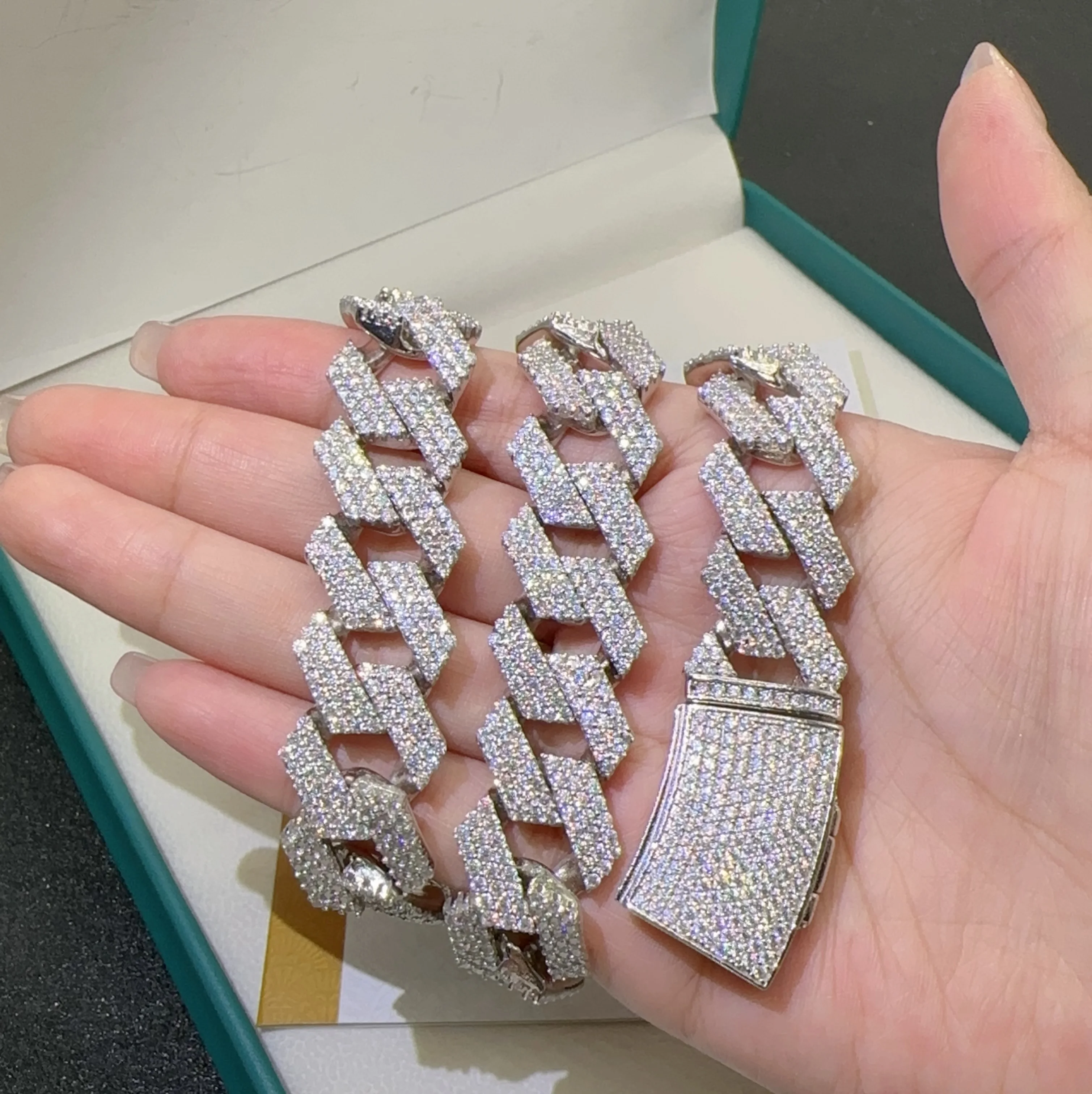 Luxury Hip Pop Chain 18mm 3row Round Brilliant Cut 925 Silver Vvs ...