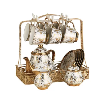 16 Piece European Retro Tea Set With Metal Holder Porcelain Tea Cups ...