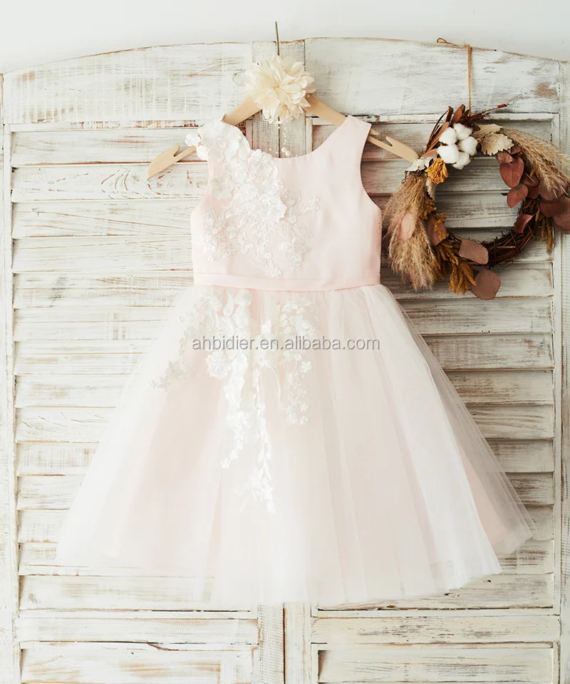 Ivory Lace Pink Satin Tulle Wedding Flower Girl Dress Princess Birthday