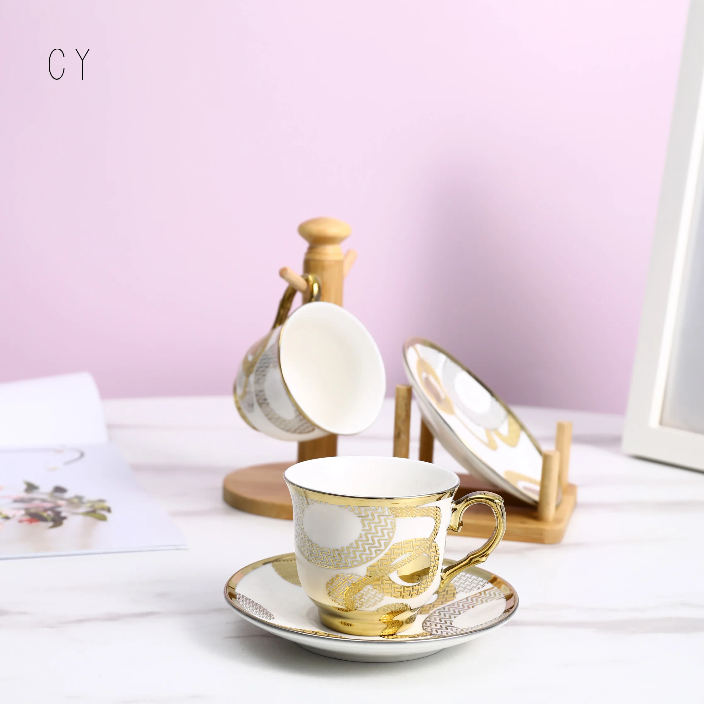 Exquisite Gold Rim Luxury Creative Tea Cup Saucer Set 4 Pcs Ceramic ...