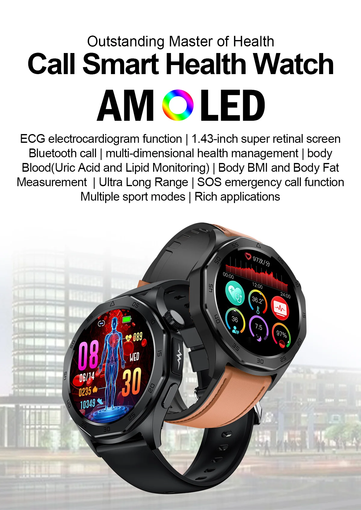 2024 Amoled Health Smart Watch Ecg Ppg V480 Fitness Watch Blood Suger ...