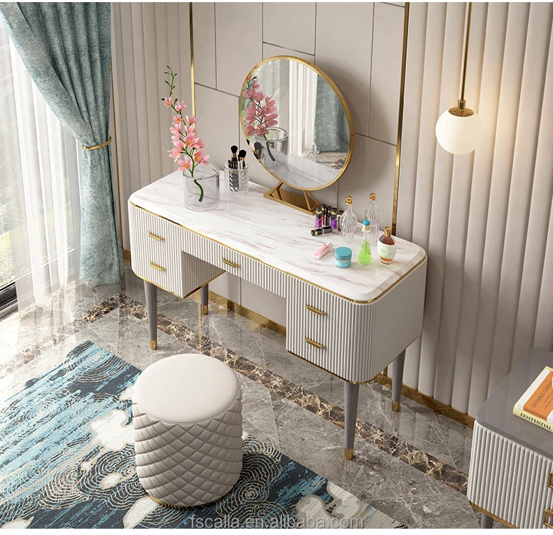 Luxury Modern Marble Top Dresser Table With Round Mirror And Chair For ...