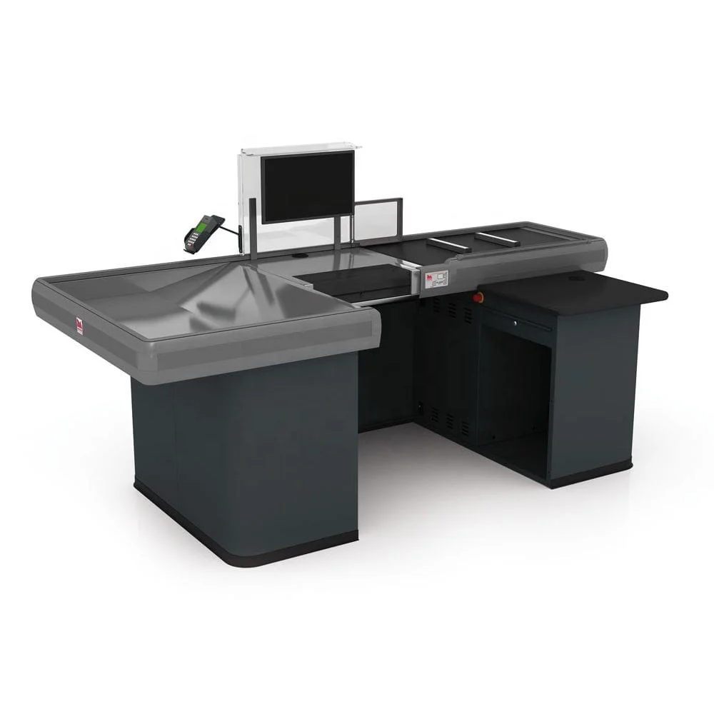 Supermarket Modular Mini Gondola Shelves Checkout Counter With Conveyor ...