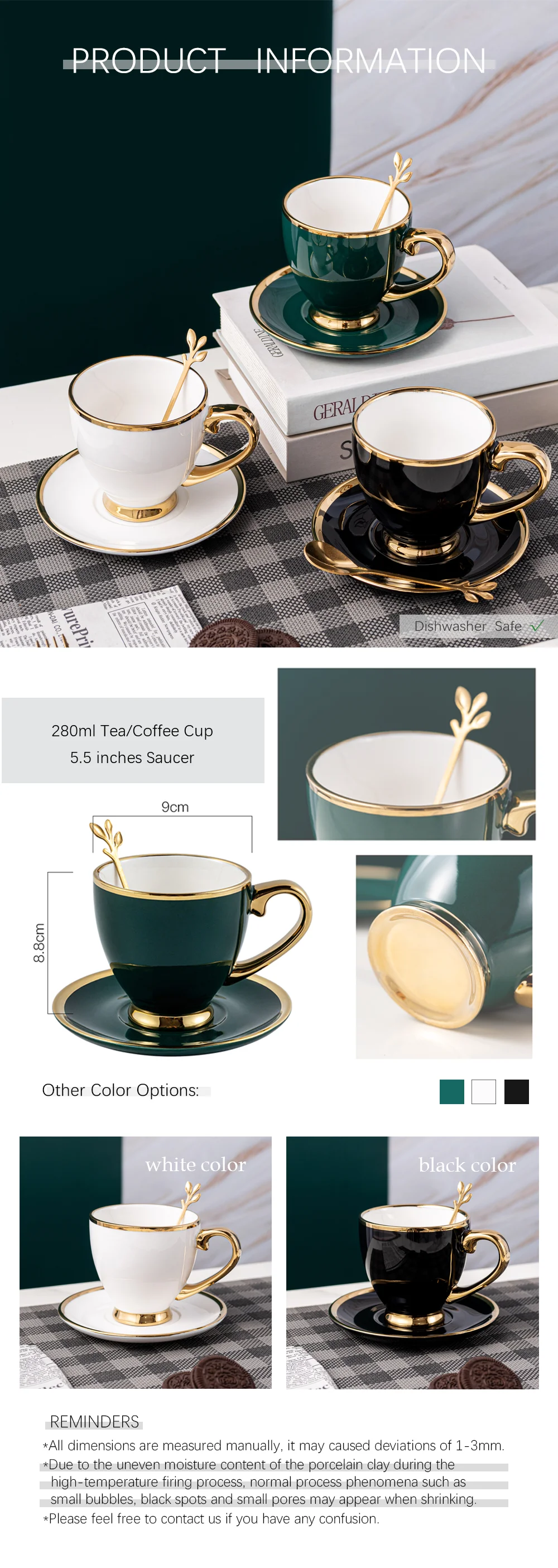280ml Ceramic Cup and Saucer Set with Electroplate Gold Design