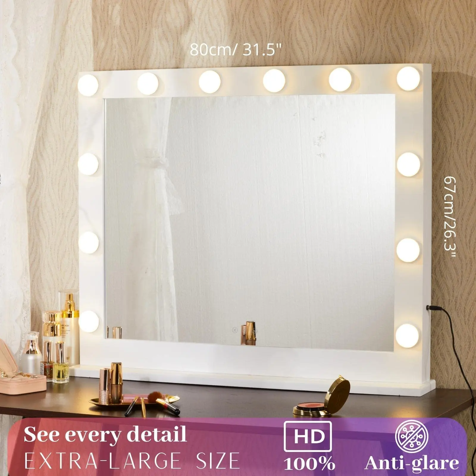 12 Led Lights Vanity Mirror 32 Inch Hollywood Lighted Makeup Mirror For ...
