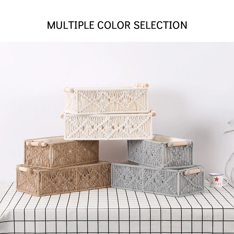 Handmade Woven Decor Macrame Storage Baskets Box Organizer With Wood ...