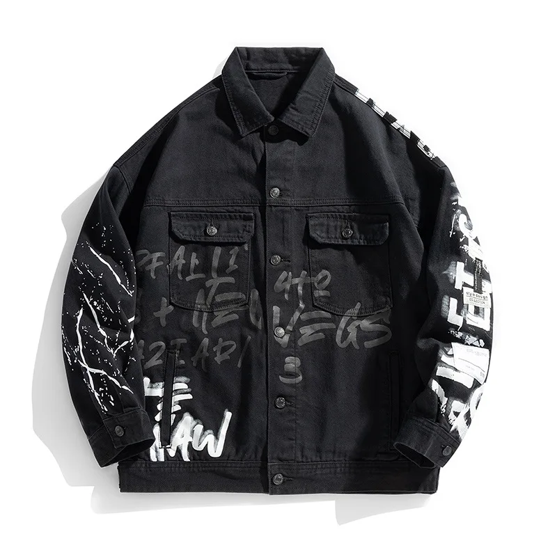 Oversize Spray-painted Denim Jacket Men's Spring Autumn Loose Simple ...