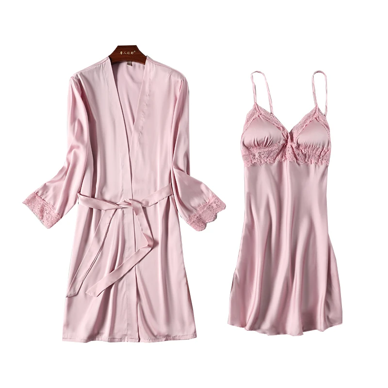 Elegant Satin Sleepwear Luxury Sexy Lace Deep V 2pcs Pyjamas Silk ...