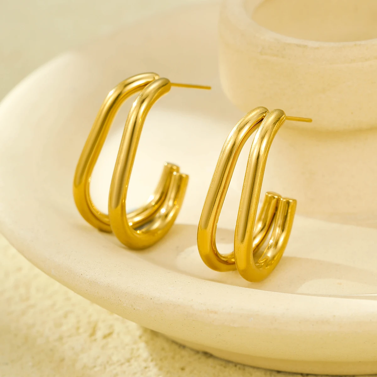 French Simple C Shape Line Stainless Steel Earrings Gold Plated Fashion ...