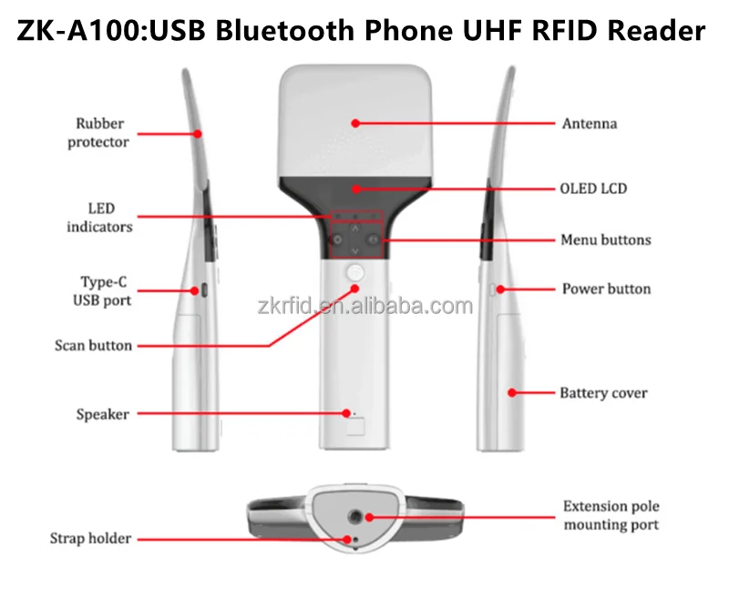 Hand-held Bluetooth Reader ZK_RFID_A100, 860-960MHz UHF RFID USB Reader ...