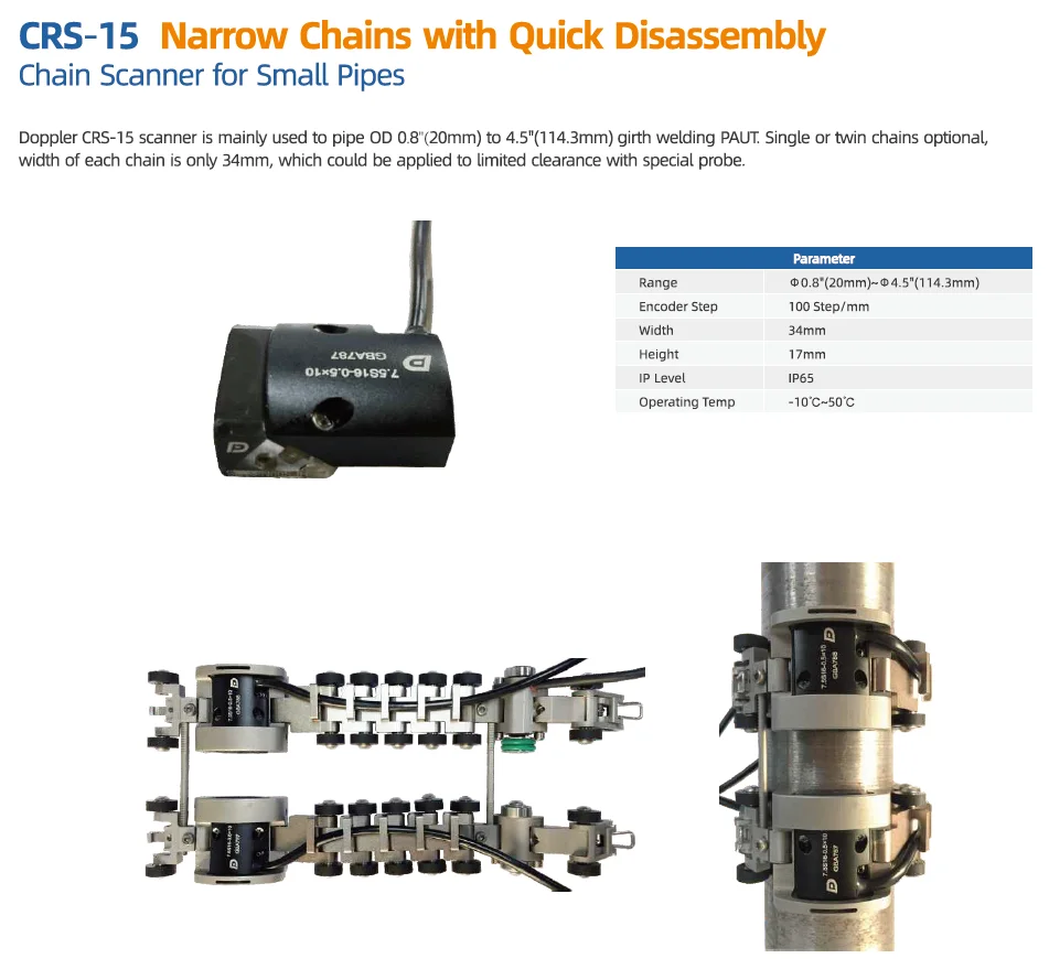 Doppler Narrow Chains with Quick Disassembly Chain Scanner for Small Pipes