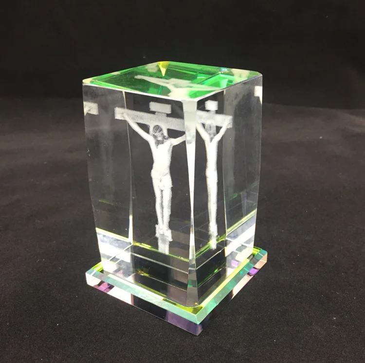 3D Art Religious Jesus Crucifix Cross Crystal Glass Laser Cube MH-F0438