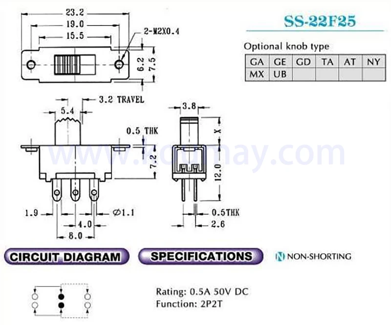 SS-22F25垂直滑动开关2P2T SS22F25| Alibaba.com