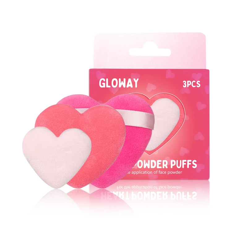 Custom Beauty Tool Heart Shape Pink 3Pcs Soft Cotton Velour Makeup Puff ...