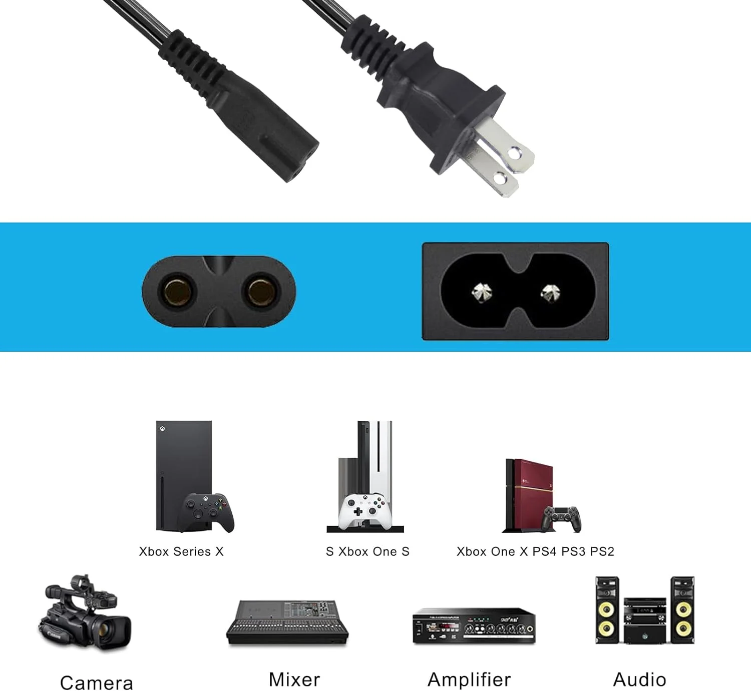 6ft Us Power Supply Cord Nema 1-15p Iec 60320 C7 Polarized Figure-8 ...