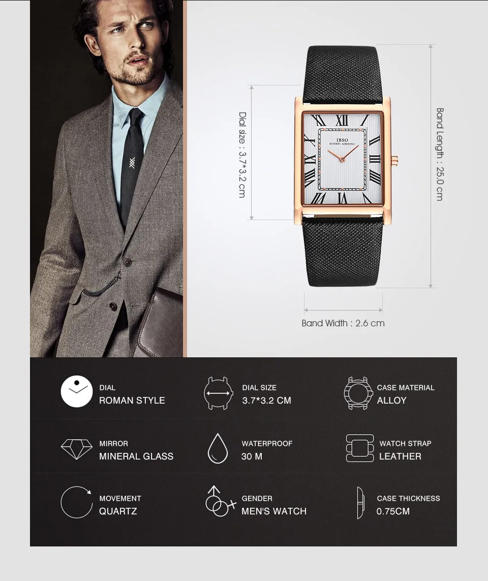 IBSO 2232G Men's Waterproof Quartz Watch - Trendy Square Dial, 30M ...